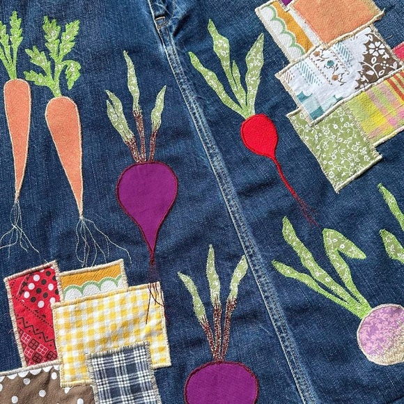 Skirts | Upcycled Denim Skirt With Colorful Vegetable Patches | Poshmark